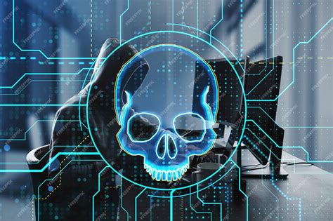 Premium Photo Side View Of Hacker At Desk Using Computers With Digital Skull Hologram On