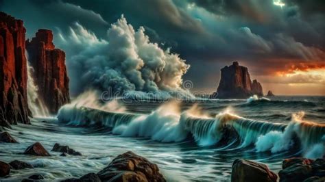 Impressive Illustration Of Strong Waves Crashing Against Rocks On A