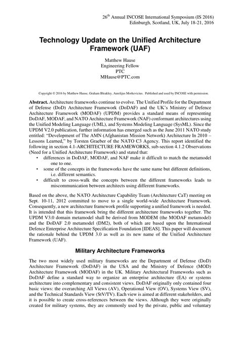 Pdf Technology Update On The Unified Architecture Framework Uaf