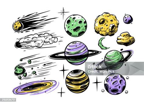 우주 행성 별 소행성 혜성 은하 천체 조각 손으로 그린 세트 벡터 스케치 그림 검은 윤곽선 인쇄 디자인 낙서 드로잉에 대한 스톡 벡터 아트 및 기타 이미지 Istock