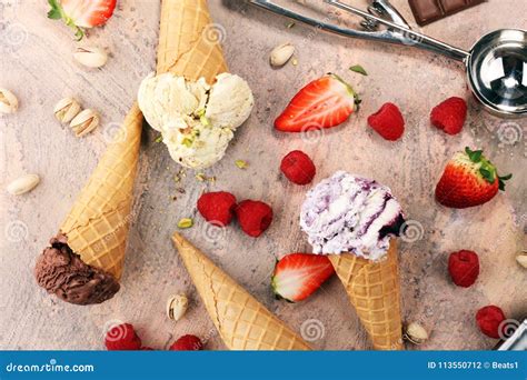 Set Of Ice Cream Scoops Of Different Colors And Flavours Stock Photo Image Of Cold