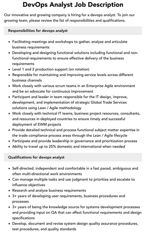 Devops Analyst Job Description Velvet Jobs