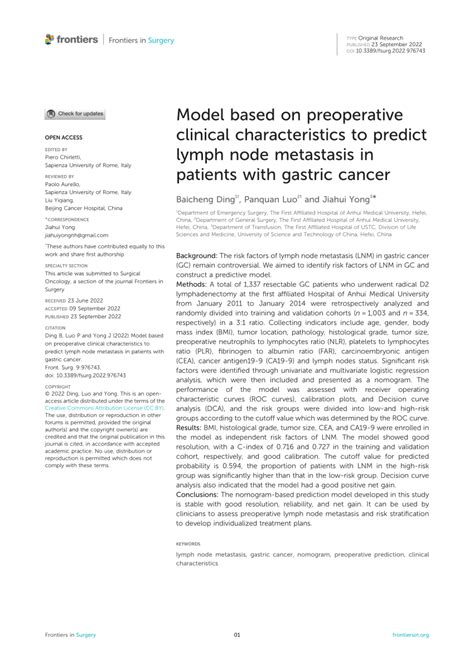 Pdf Model Based On Preoperative Clinical Characteristics To Predict Lymph Node Metastasis In