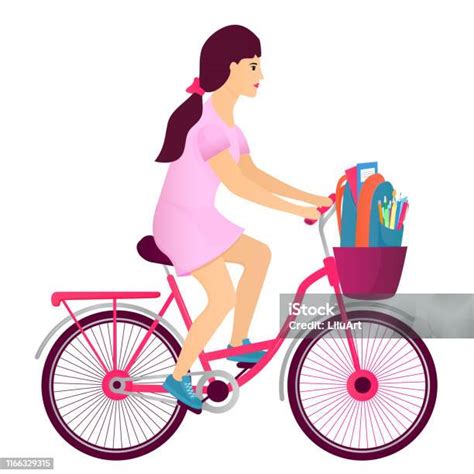 Une Adolescente Fait Du Vélo Et Porte Un Sac À Dos Avec Des Fournitures