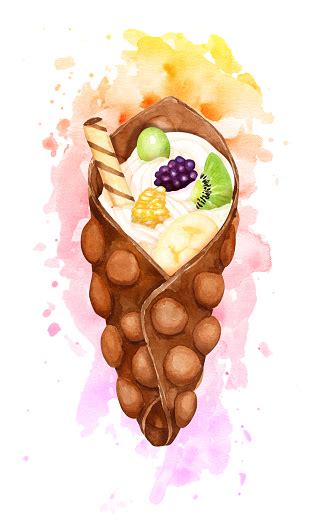 휘핑 크림과 페인트 스플래시와 신선한 과일을 곁들인 수채화 초콜릿 스위트 버블 와플 가이단자이에 대한 스톡 벡터 아트 및 기타 이미지 가이단자이 가지 식물 부위 감귤