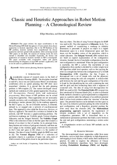 Pdf Classic And Heuristic Approaches In Robot Motion Planning A Chronological Review