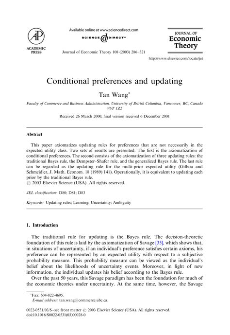 Pdf Conditional Preferences And Updating