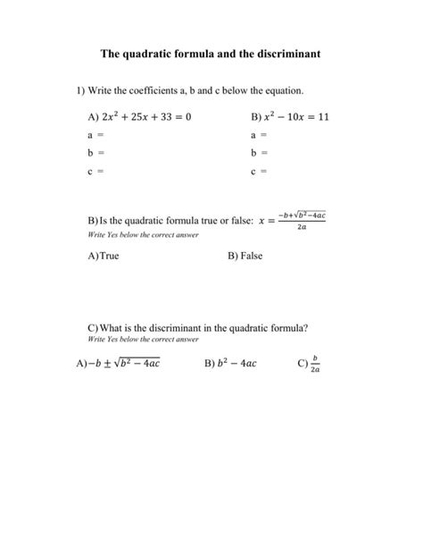 Quadratic Formula And Discriminant Worksheet Pdf Answer Key Quadraticworksheet Com
