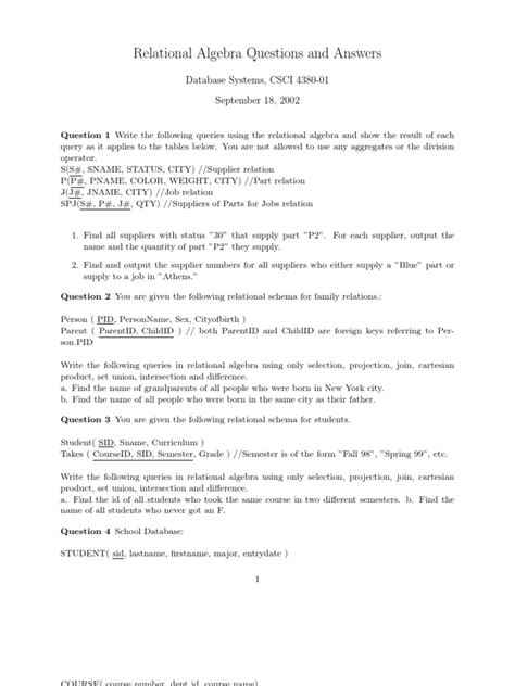 Algebra Questions And Answers Pdf Relational Database Relational Model