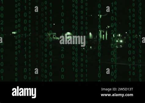 A High Speed Train Approaching With Binary Computer Code Scrolling On The Screen Stock Video