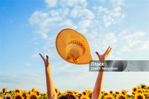 모자를 던지고 재미를 피우는 해바라기 밭에서 걷는 젊은 여성 여름 방학 던지기에 대한 스톡 사진 및 기타 이미지 던지기 모자 모자류 꽃 식물 Istock