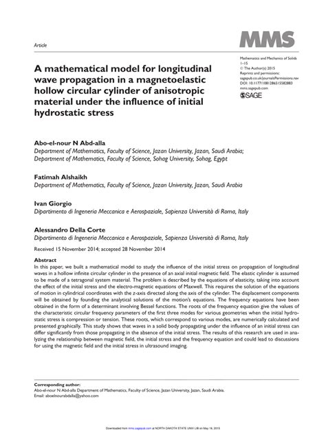 Pdf A Mathematical Model For Longitudinal Wave Propagation In A