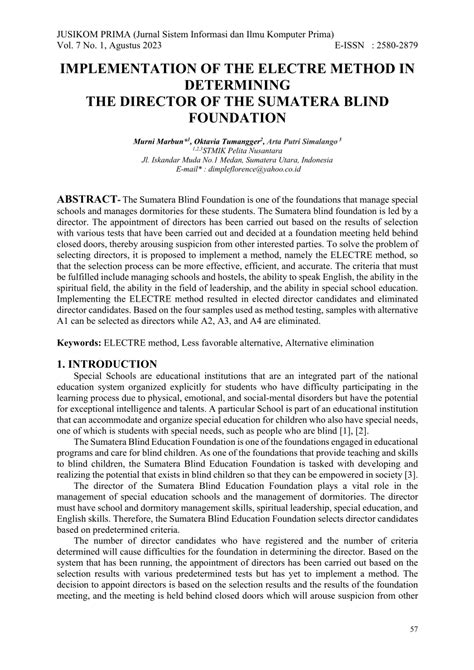Pdf Implementation Of The Electre Method In Determining The Director Of The Sumatera Blind