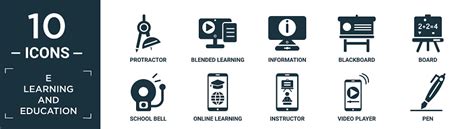 채워진 전자 학습 및 교육 아이콘 세트 평면 각도기 혼합 학습 정보 칠판 보드 학교 종 온라인 학습 강사 비디오 플레이어 편집