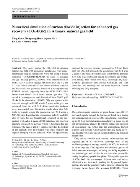 Pdf Numerical Simulation Of Carbon Dioxide Injection For Enhanced Gas