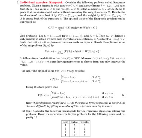individual exercise knapsack consider the following