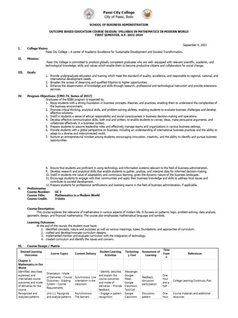 Syllabus Mathematics In A Modern World Pdf