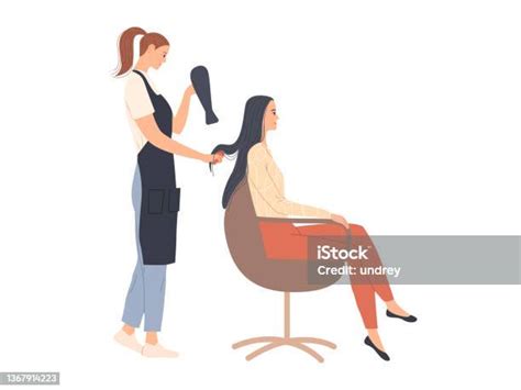 미용사는 모발을 스타일링하고 헤어 드라이어로 건조시합니다 건조한에 대한 스톡 벡터 아트 및 기타 이미지 건조한 고객 긴 Istock