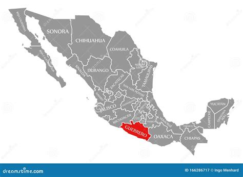 Guerrero Red Highlighted In Map Of Mexico Stock Illustration
