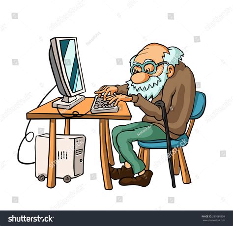 Grandfather Is Typing Text Using The Keyboard Old Man And Computer Stock Vector Illustration