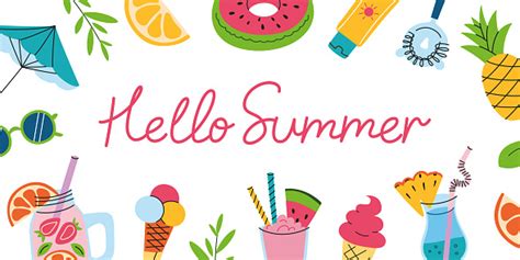 밝은 여름 배너 템플릿 손으로 그린 레터링 안녕하세요 여름 아이스크림 선글라스 레모네이드 과일의 벡터 일러스트 레이 션 엽서 여름 판매 초대장을 위한 플랫 만화 디자인