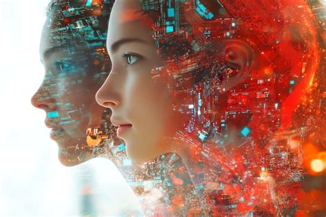 Cognitive Learning Robotic Cognition Ai Neural Connection Network And Human Ai Dual Human Faces