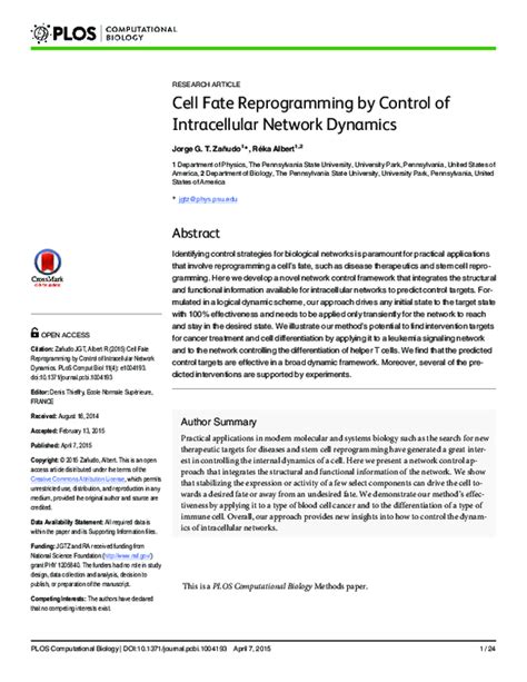 Pdf Cell Fate Reprogramming By Control Of Intracellular Network Dynamics