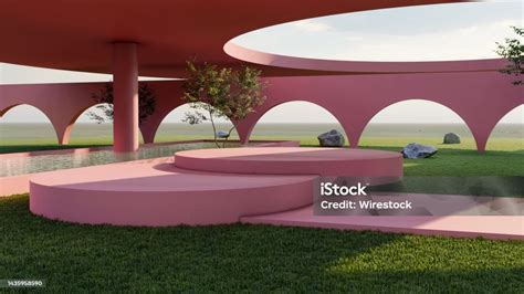 분홍색 아치의 모형과 나무와 바위가있는 들판에서 야외에서 둥근 연단을 모형 0명에 대한 스톡 사진 및 기타 이미지 0명 3차원 형태 강단 Istock