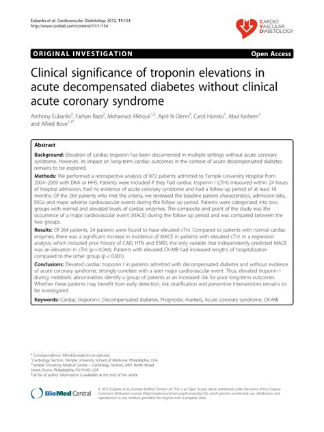 Pdf Clinical Significance Of Troponin Elevations In Acute Decompensated Diabetes Without
