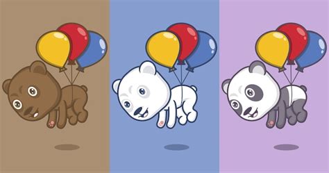 풍선이 달린 귀여운 만화 곰 판다 북극곰 프리미엄 벡터