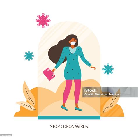 코로나 바이러스로부터 보호 의료용 마스크를 쓴 여성이 유리 모자 아래에 서 있습니다 전염병 중 바이러스에 대한 사회적 안전 거리 및 개인 보호 코로나바이러스를 중지합니다