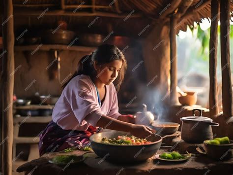 Premium Photo A Girl Is Cooking In A Small Hut