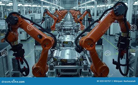 Industrial Robot Arms In A Factory Assembly Line Stock Illustration Illustration Of Robotic