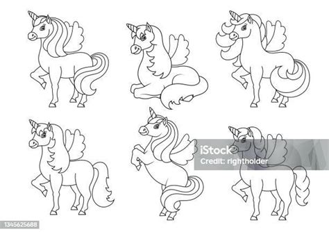 날개가 달린 귀여운 유니콘 마법의 요정 말 아이들을위한 색칠 공부 책 페이지 만화 스타일 흰색 배경에서 격리된 벡터 그림입니다