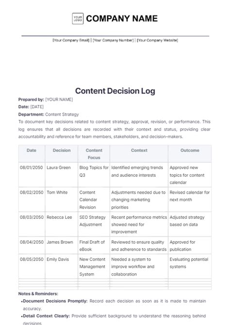 Free Content Decision Log Template To Edit Online