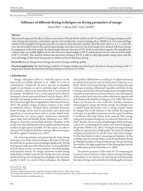 Influence Of Different Drying Techniques On Drying Parameters Of Mango Pdf Polyphenol
