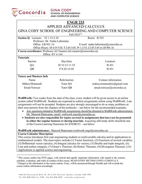 Course Outline ENGR 233 Fall 2023 ENGR 233 APPLIED ADVANCED CALCULUS GINA CODY Babe OF Studocu