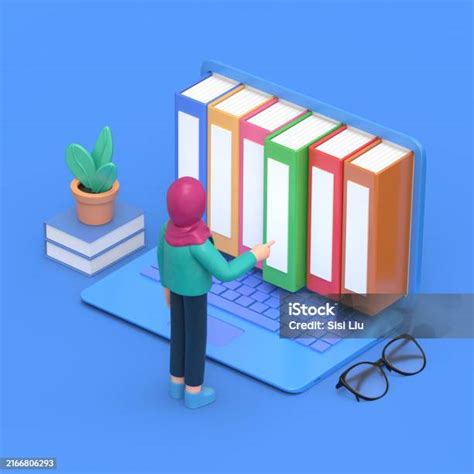 전자 책의 개념 웃는 아랍 여성 Ghaliyah의 3d 일러스트레이션은 노트북과 전자 책 앞에 서 있습니다 아이소 메트릭 3d 그림 3차원 형태에 대한 스톡 사진 및 기타