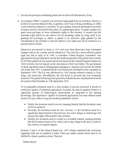 Ipr Model Qn And Answers Discuss The Principles Underlying Patent Law In India With Exceptions