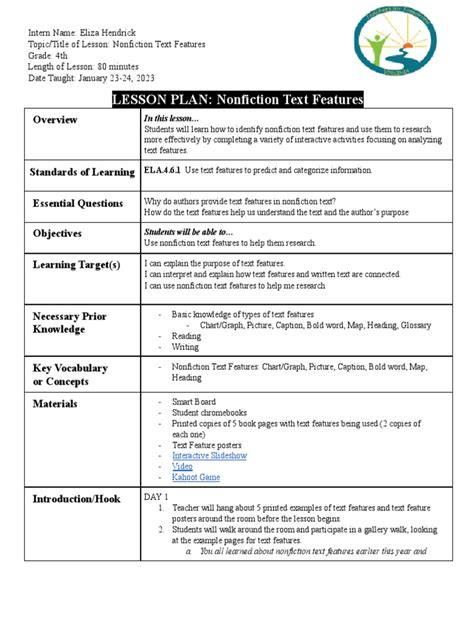 Nonfiction Text Features Lesson Plan Edited Pdf