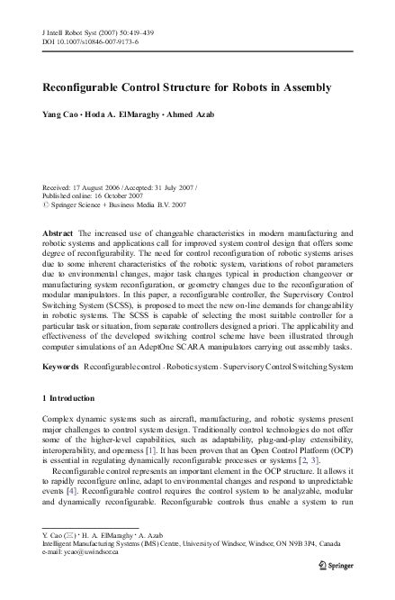 Pdf Reconfigurable Control Structure For Robots In Assembly