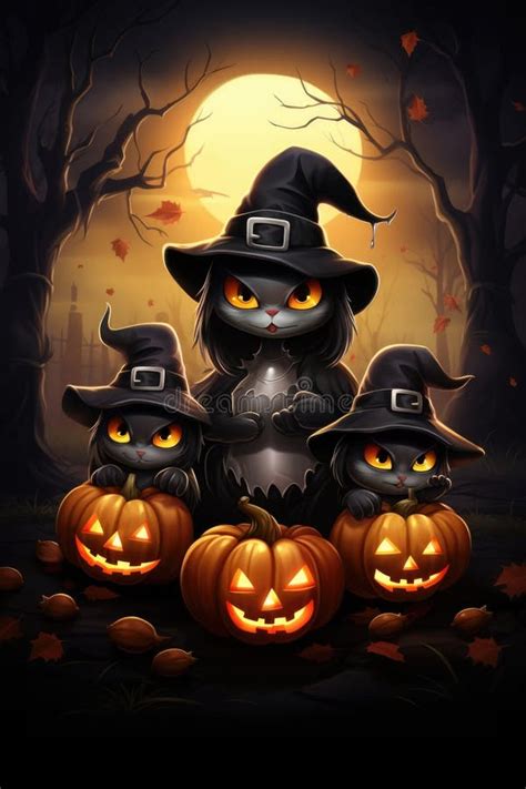 Black Cute Cats Wear Witch Hats At Happy Halloween Background Stock