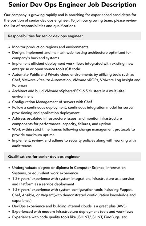 Senior Dev Ops Engineer Job Description Velvet Jobs