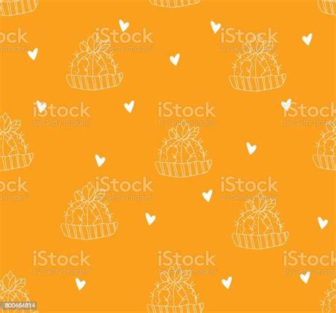 컨투어 선인장과 오렌지 바탕에 하트와 함께 완벽 한 패턴입니다 벡터입니다 0명에 대한 스톡 벡터 아트 및 기타 이미지 0명 귀여운 꽃무늬 Istock