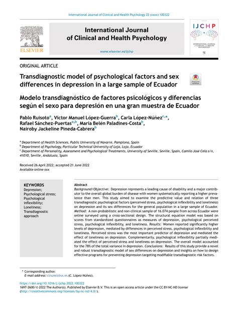 Pdf Transdiagnostic Model Of Psychological Factors And Sex Differences In Depression In A