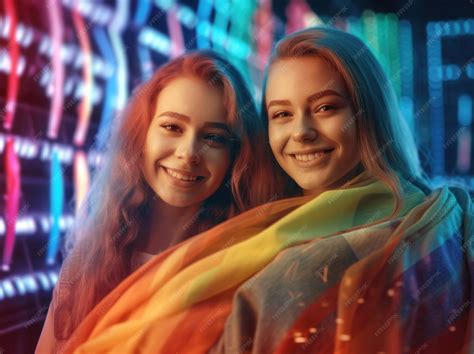 Premium Ai Image Two Lesbian Girls Smiling With A Lqbt Flag Generative Ai