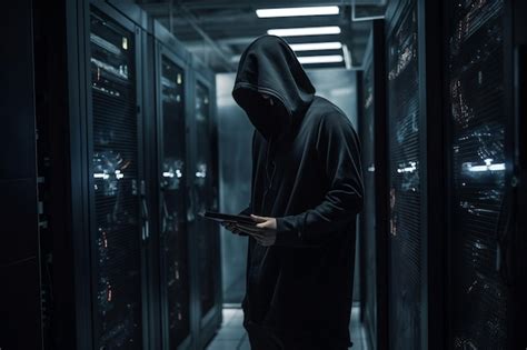 Premium Ai Image Anonymous Hacker With Hood And Mask Steals Data Inside Data Center Generative Ai