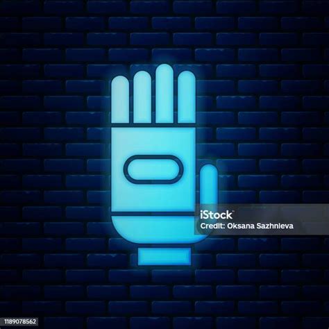 빛나는 네온 정원 장갑 아이콘 벽돌 벽 배경에 격리 고무 건틀릿 기호입니다 농업 손 보호 장갑 안전 벡터 일러스트레이션 가사