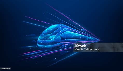 현대 기차 고속 디지털 기술 낮은 폴리 와이어 프레임 블루 배경 미래 운송 및 물류 개념 벡터 일러스트 환상적인 디자인입니다