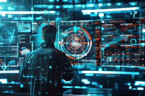 A Programmer Analyzes Data On Multiple Screens Futuristic Technology Interface Digital